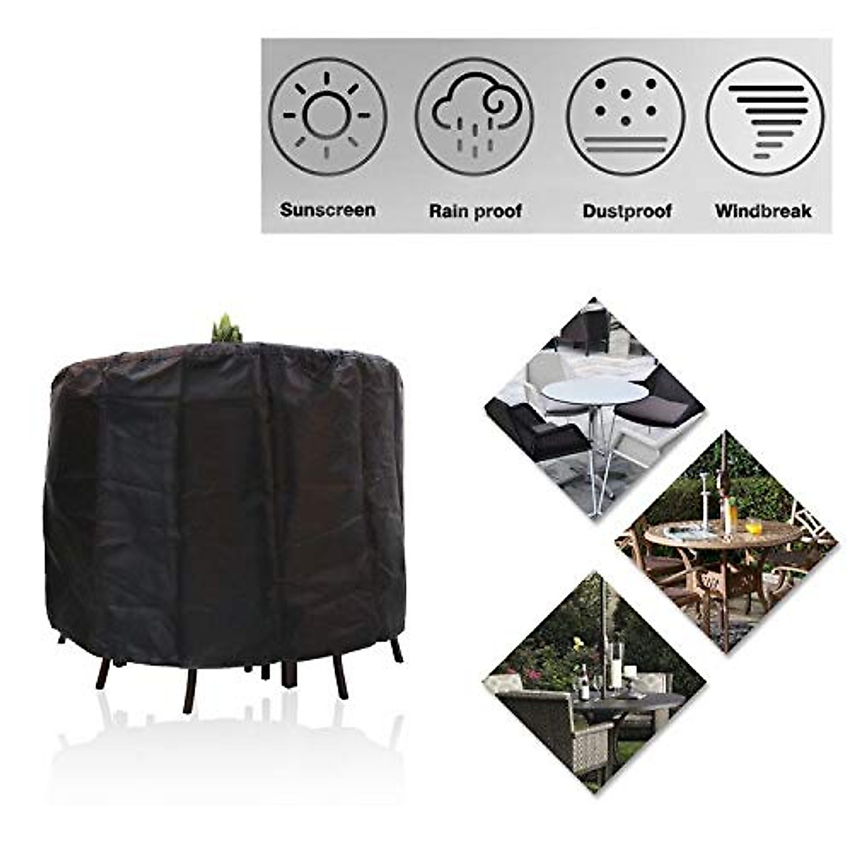 J&C Round Patio Table & Furniture Set Cover, Garden Patio Furniture Covers, Waterproof Outdoor Furniture Cover Round Furniture Black (88" x 37")