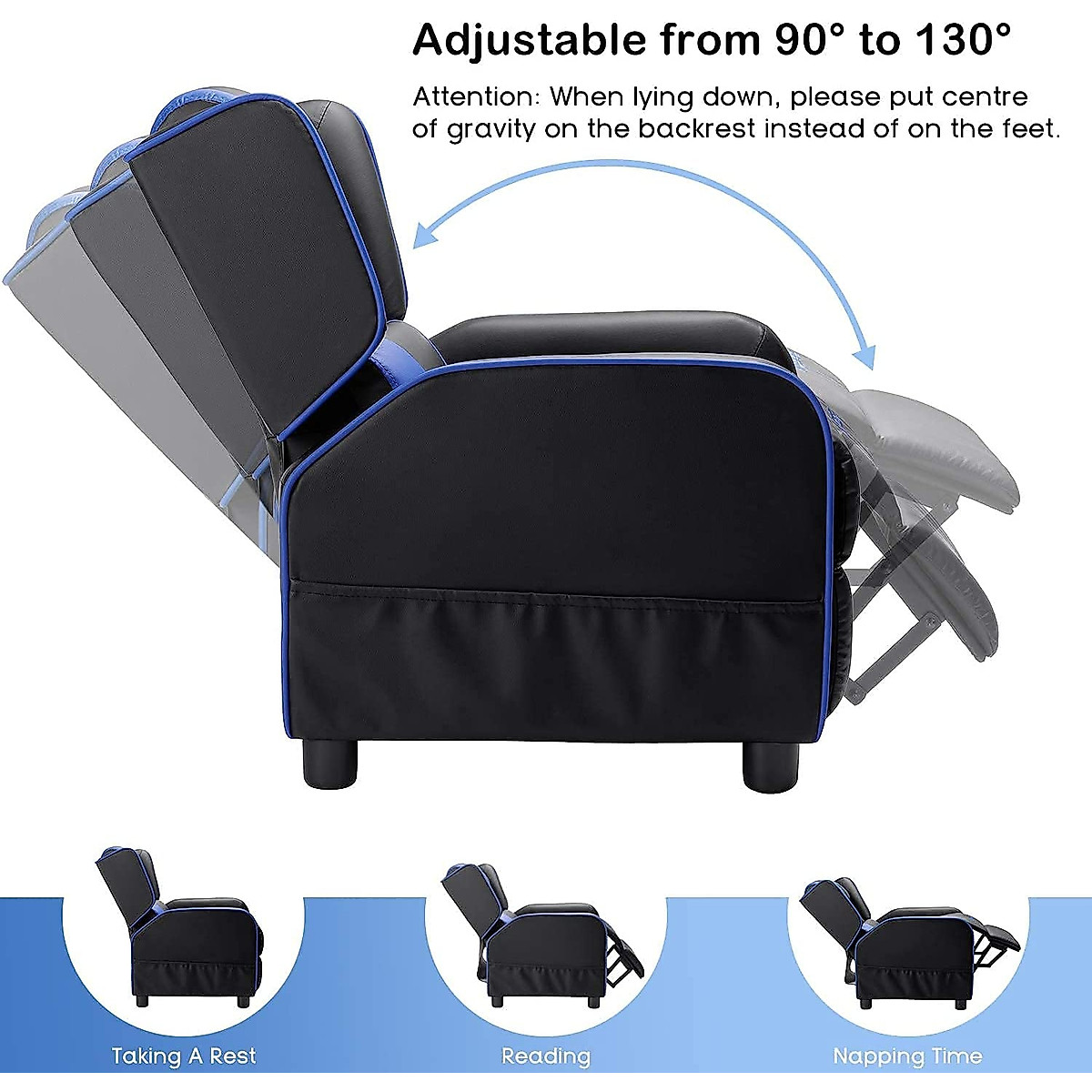 VIT Kids Recliner, Gaming Recliner Chair w/Footrest, Headrest, Lumbar Support & Side Pockets, Ergonomic Leather Lounge Chair for Living & Gaming Room, Adjustable Recliner Sofa for Boys Girls, Blue