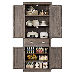 FOTOSOK 72" Kitchen Pantry Storage Cabinets with Drawer, Freestanding Cupboard with 4 Doors, Drawer, 4 Shelves, Utility Pantry Cabinet for Kitchen, Dining Room, Living Room, Ash Grey