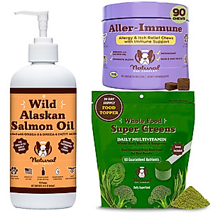 Natural Dog Company Dog Allergy Relief and Nutritional Support, Complete Wellness Bundle with Aller-Immune Chews, Wild Alaskan Salmon Oil, and Super Greens Granules for Skin, Coat, and Immune Health