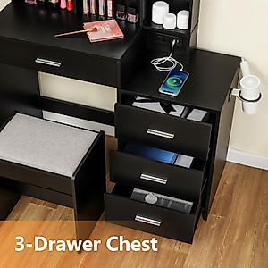 usikey Large Vanity Table Set with Lighted Mirror & Charging Station, Makeup Vanity Dressing Table with 4 Storage Shelves and 4 Drawers, Vanity Desk with 3-Drawer Chest and Cushioned Stool, Black