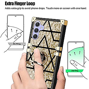 CCSmall Square Phone Case for Samsung Galaxy A34 5G with Ring Kickstand for Women Girly, Cute Elegant Metal Decoration Corner Soft TPU Case Cover for Samsung Galaxy A34 5G BF Plaid Gold