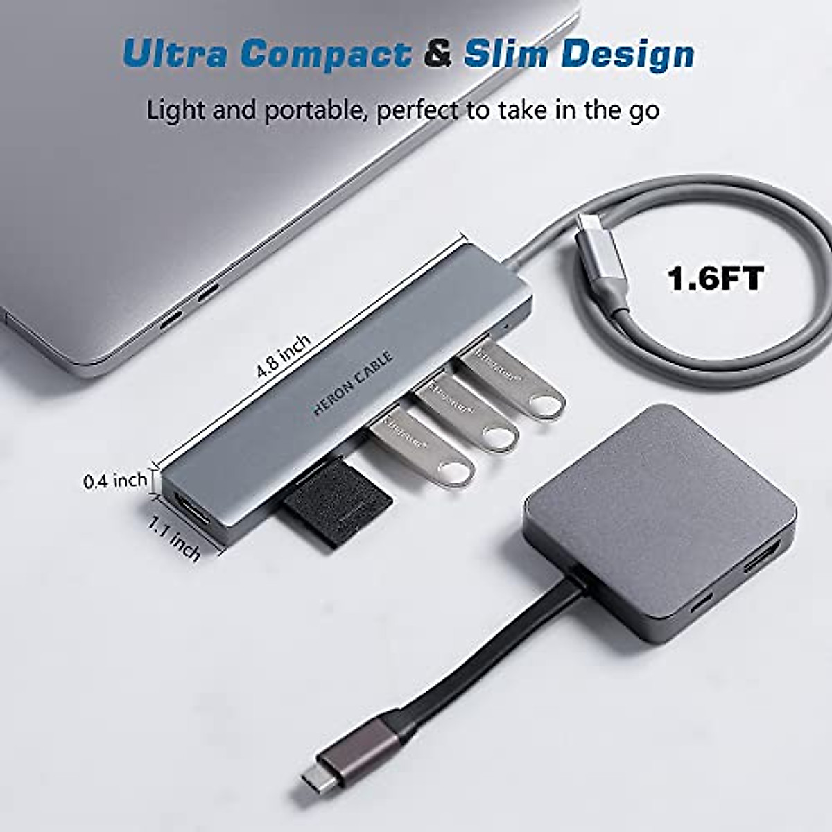 USB C Hub Multiport Adapter, USB C Dongle 6 in 1 USB-C Hub to 4K HDMI, USB 3.0, SD/TF Card Reader with Extra Long 1.6 FT Cable for MacBook Pro/Air, iPad Pro, iPad Air 2020，iMac and Other USB C Laptop