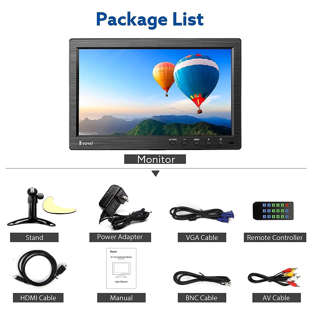 Eyoyo 10 Inch Monitor 1024x600 Small Display HD TFT LCD Display Screen Support AV VGA BNC HDMI Video Input for CCTV DVD PC DVR with Speakers and Remote Control