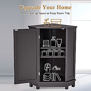 Merax Bathroom Cabinet, Toilet Medicine Storage Organizer, Triangle Corner Storage Cabinet with Adjustable Shelves, Black Brown