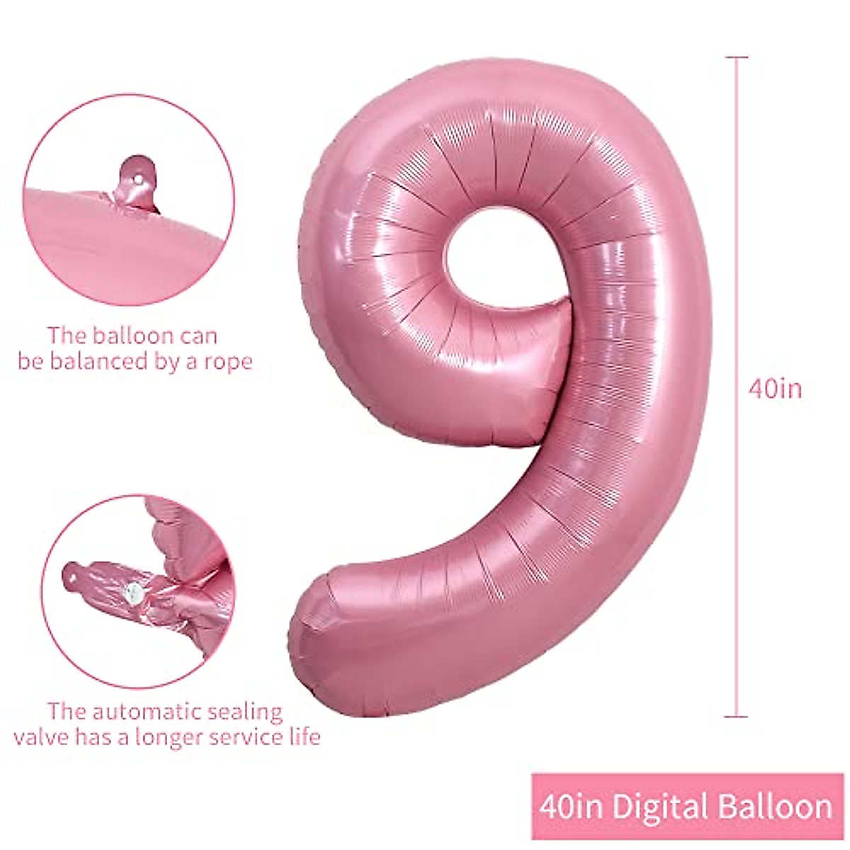 TONIFUL 40 Inch Light Pink Large Macaron Numbers Balloons 0-9, Number 9 Digit 9 Helium Balloons, Foil Mylar Big Number Pastel Balloons for Birthday Party Anniversary Supplies Decorations