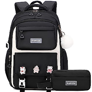 AO ALI VICTORY Backpack for Girls Set with Pencil Case 15.6 Inch Laptop School Bag Cute Kids Elementary College Backpacks Large Bookbags for Women Teens Students Anti Theft Travel Daypack - Black