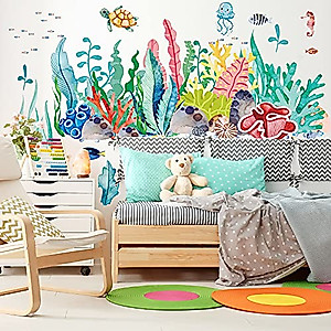 2 Sheets Large Under The Sea Wall Decals Ocean Creature Sea Life Stickers Removable Seaweed Sea Turtle Jellyfish Fish Ocean Grass Decor for Kids Baby Nursery Bedroom Playroom Bathroom Living Room