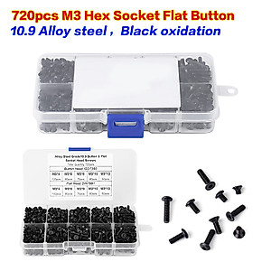 720PCS M3 Hex Bolt Screw Assorted M3x4mm 6mm 8mm 10mm 12mm Black Alloy Steel Pan & Flat Head Hex Socket Screws with Plastic Box