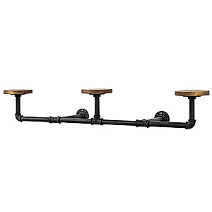 MyGift Wall Mounted Black Metal Industrial Pipe Clothing Rod Hat Rack and Wig Holder with Solid Burnt Wood Round Hat Forms, Heavy Duty Hanging Bar Entryway Organizer Coat Rack