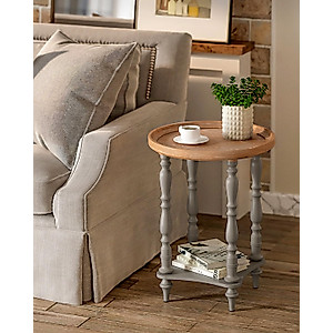 VONLUCE French Country End Table, 19'' Round Farmhouse Side Table, Distressed Wood Tray Top Rustic Accent Table for Living Room Bedroom, Small Space, Gray