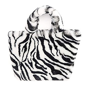 surell - Faux Rex Rabbit Fur Zebra Print Handbag - Small Fuzzy Tote Bag - Cute Y2K Style - Luxurious Fluffy Fashion Purse Gift - Animal Print Pocketbook - Striped Stylish Handbag - (Black/White)