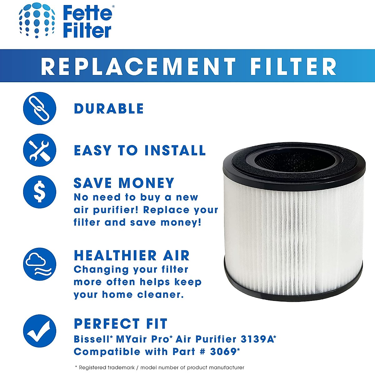 Fette Filter - Filter Compatible with BISSELL MYair Pro Hub and Plus Air Purifier Replacement HEPA and Carbon Filter Part # 3069 and 3389 - Pack of 1