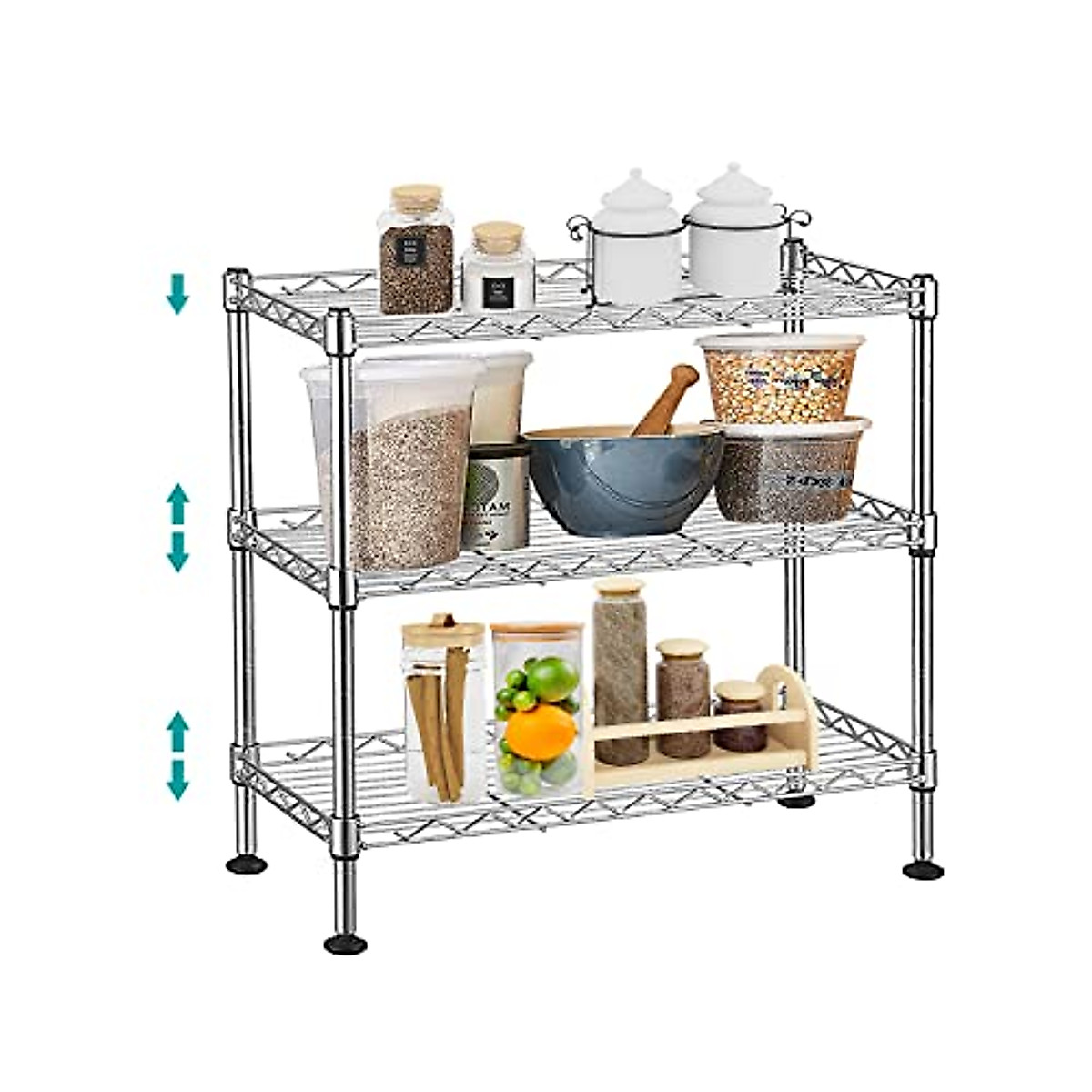 Doredo 3 Tier Wire Shelving Unit, Adjustable Wire Rack Shelving with Leveling Feet, Metal Storage Shelf Unit for Kitchen, Laundry, Pantry, Balcony (18" D x 8" W x 18" H, Chrome)