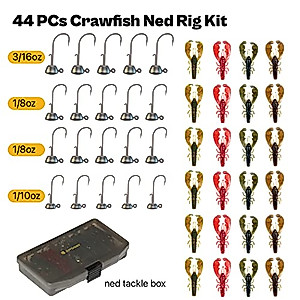 OJY&DOIIIY Ned Rig Kit Crawfish Lures with Jig Heads for Bass Fishing,TRD Soft Plastic Fishing Lures,Crayfish Lure for Ned Rig 44 PCs