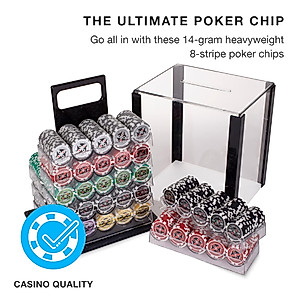 Brybelly Poker Chips 1000 Chips Set with Acrylic Case - Heavyweight 14g Poker Chips Set with 10 Removable Trays and 11" x 12" x 15" Portable Case - 8 Stripe Textured Inlay Casino Chips