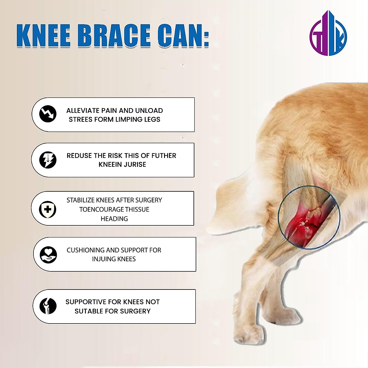 Tkcuteface Dog Knee Brace for ACL, Knee Cap Dislocation, Arthritis - Full Wrap - Easy Adjustable - Extra Support - Reduces Pain and Inflammation – Full Sizes (Medium), Black