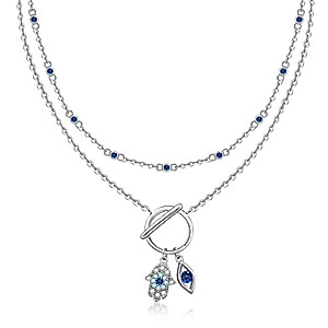 Talonior Layered Hamsa Hand Evil Eye Necklace for Women S925 Sterling Silver Hand of Fatima Necklaces Good Luck Gifts
