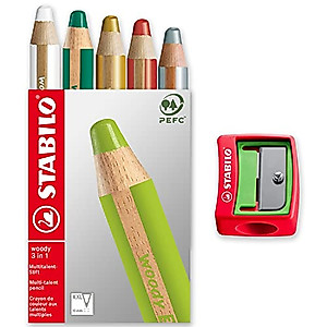 STABILO Multi-talented Pencil woody 3-in-1 - Box of 5 - Red, Dark Green, White, Silver & Gold + Sharpener