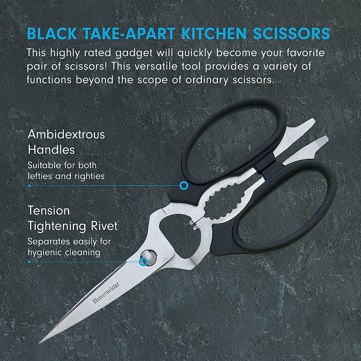 Messermeister 8-Inch Take-Apart Kitchen Scissors, Black - Includes Screwdriver, Nut Cracker, Jar Lid Opener/Gripper, Bottle Opener & Bone + Twig Cutter - Suitable for Lefties & Righties