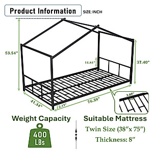 PVWIIK Twin Size Montessori Toddler Floor Bed with Headboards and Footboards, Metal House-Shaped Bed Frame with Soundproof Strip for Girls and Boys, Kids Playroom, No Box Spring Needed (Black)