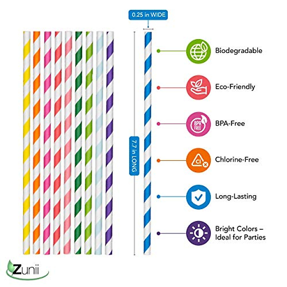 Zunii 300-Pack Multi-Color Biodegradable Paper Straws - 10 Bright Colors - Eco Friendly Straws for Juice, Soda, Cocktails, Shakes - Great for Birthday Parties, Bridal Showers, Cake Pop Sticks