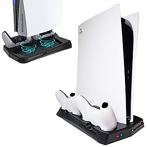 Sony PS5 Vertical Stand - Dual Cooling Fans, 2 DualSense Controller Chargers, 3 USB Ports, PS5 Controller Charging Station and PS5 Cooling Station Compatible with Sony Playstation 5 DE and UHD Edition