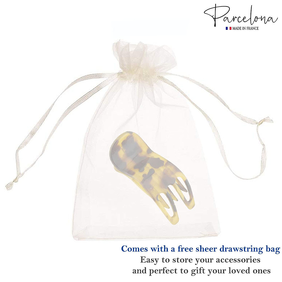 Parcelona French Simply Bear Paw Medium 3” Celluloid Acetate Side Slide In Jaw Yoga Fine Hair Claw Clip for Women and Girls (Light Tortoise Shell)