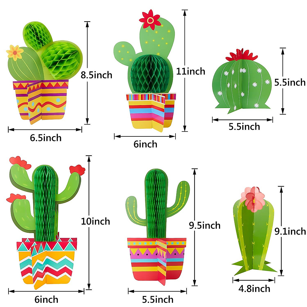 6 Pieces Cactus Party Decorations Kit Includes 4 Pieces Cactus Honeycomb Table Centerpieces and 2 Pieces Cactus Paper Cutouts for Fiesta Cinco De Mayo Mexican Theme Party Birthday Baby Shower
