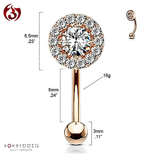 Forbidden Body Jewelry 16g 8mm Curved Barbell for Daith, Eyebrow, Rook & Belly w/Double Tier Round CZ Top, Clear/Rose Gold Tone