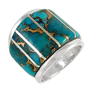 Wide Statement Ring in Sterling Silver Ring with Genuine Turquoise (SELECT color) (Teal/Matrix Turquoise, 7)