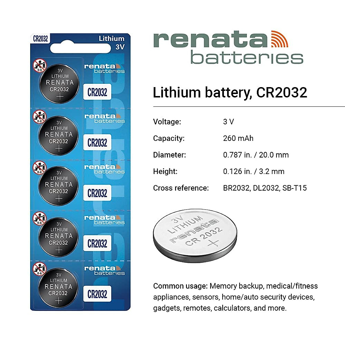 Renata CR2032 Batteries - 3V Lithium Coin Cell 2032 Battery (10 Count)