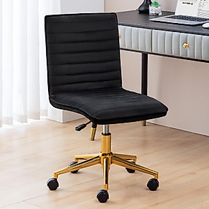 Furniliving Home Office Chair, Armless Vanity Chair with Wheels Swivel Velvet Computer Rolling Desk Chair with Back, Adjustable Accent Chair with Gold Metal Base Stool Chair,Black