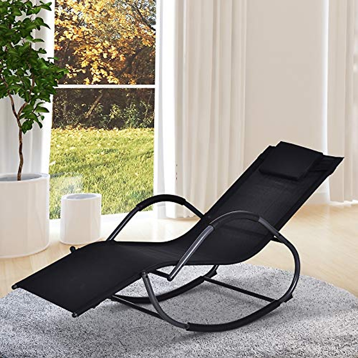 Outsunny Outdoor Rocking Chair, Chaise Lounge Pool Chair for Sun Tanning, Sunbathing Rocker, Armrests & Pillow for Patio, Lawn, Beach, Large, Black