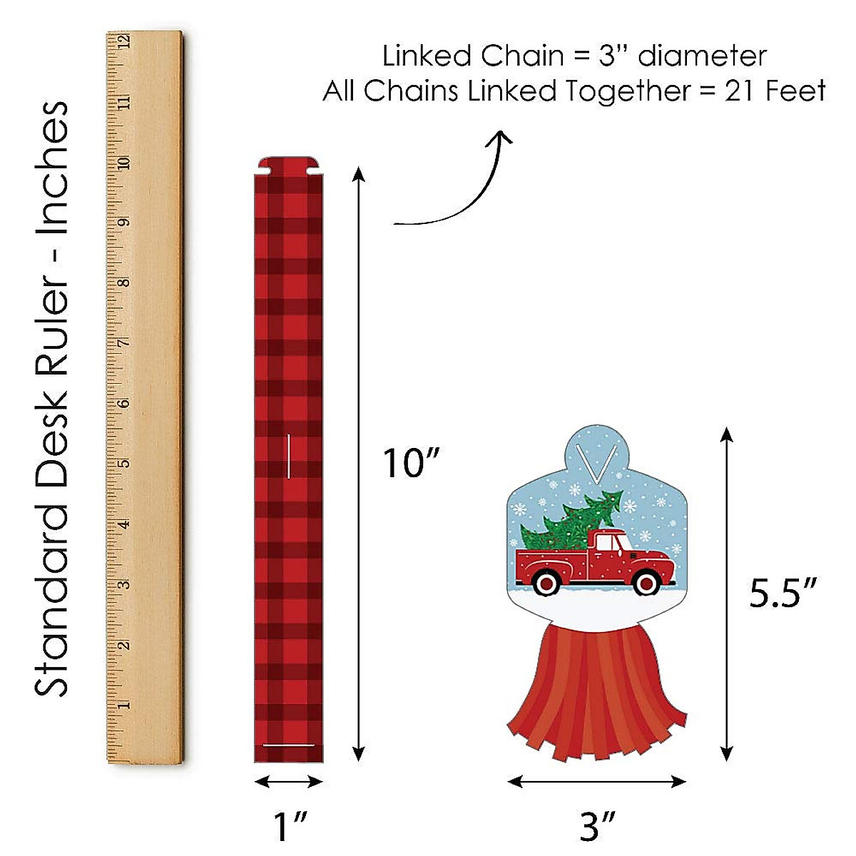 Big Dot of Happiness Merry Little Christmas Tree - 90 Chain Links and 30 Paper Tassels Decoration Kit - Red Truck and Car Christmas Party Paper Chains Garland - 21 feet