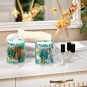 Palm Leaves 2 Pack Qtip Holder Organizer Dispenser Plastic Bathroom Jars Storage Containers with Lids Clear Jars for Home Bathroom Decor