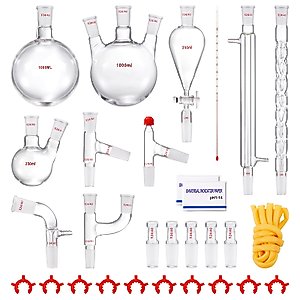 VEVOR New Laboratory Glassware 24/40 Chemistry Glassware 29PCS Chemistry Lab Glassware Kit 250 1000ml for Distillations Separation Purification Synthesis 24/40 29PCS