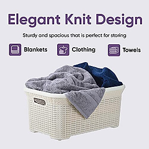 Plastic Laundry Basket Small Storage Hamper Basket, 2 Pack Cream Cloths Basket Organizer with Cut-Out Handles. Space Saving for Laundry Room Bedroom Bathroom, Knit Design 40 Liter.