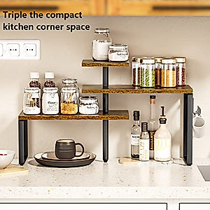 Alsonerbay Kitchen Organizer Countertop Kitchen Organization,3 Tier Corner Shelf Organizer with Removable Hooks for Coffee Station,Bathroom Counter,Dresser Table (Rustic Brown)
