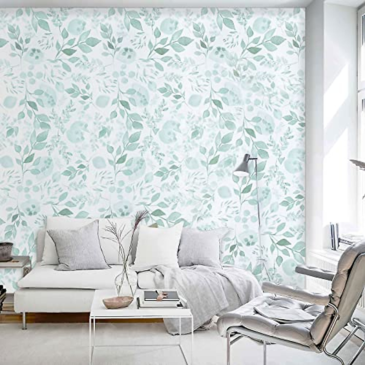 Melwod Green Breezy Leaves Peel and Stick Wallpaper 17.7” x 78.7” Neutral Watercolor Floral Leaf Contact Paper Self-Adhesive Vinyl for Drawer Cabinets Furniture Accent Walls