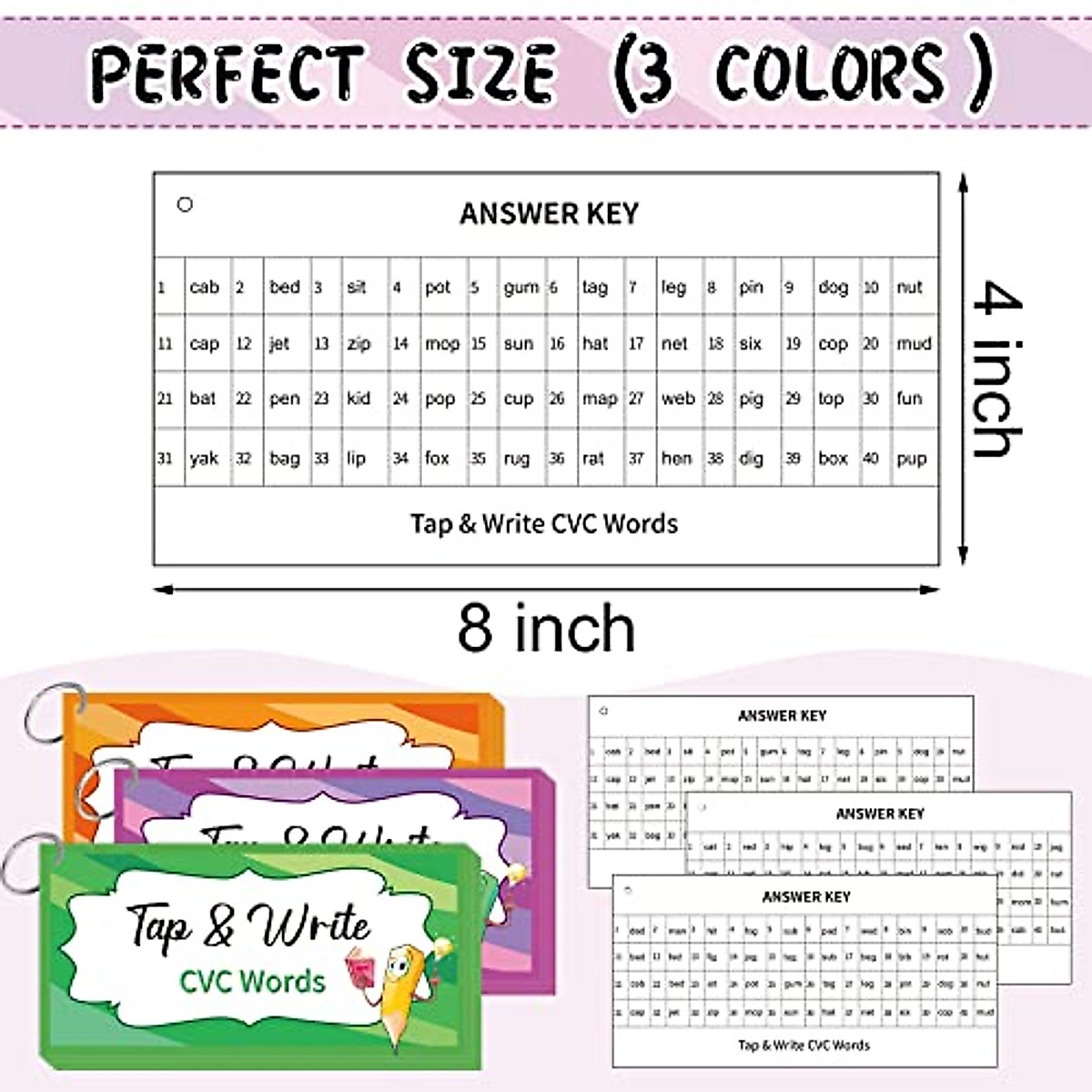 126 Cards Tap and Write CVC Words Flash Cards Laminated Tracing Practice Card Learning Letter Cards CVC Flashcards with 3 Rings for Kindergarten Preschool Kids, 8 x 4 Inch