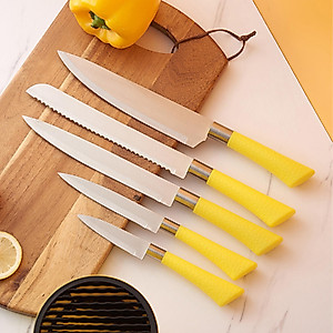 Kitchen Knife Set, 7 Pcs Yellow Cooking Knife Set with Round Block, Sharp Stainless Steel Knives Set for Kitchen with Ergonomic Handle, Professional Chef Knife Set for Home Family Restaurant (Yellow)
