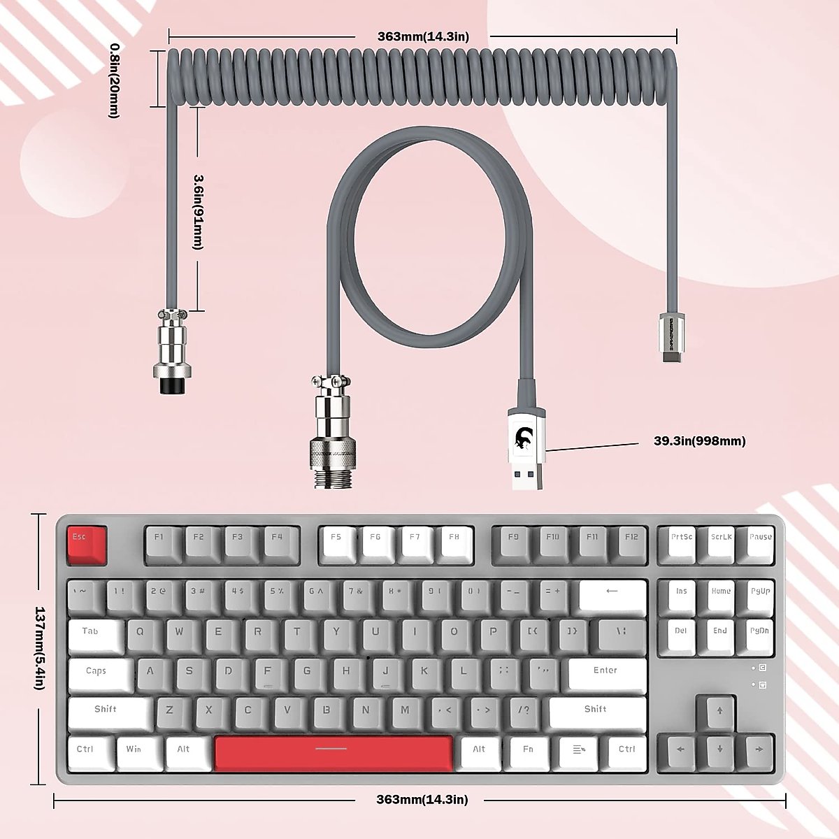 A.JAZZ AK873 Wired 87 Key TKL Retro Color Mechanical Gaming Keyboard with Rainbow Backlit Hot-swap Linear Red Switch NKRO Gasket Custom Coiled Aviator C to A Cable for Win/PC/Mac Gamer(White Gray)