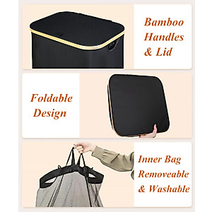YCJYZLF Large Laundry Hamper with Lid and Bamboo Handles,Tall Collapsible Laundry Basket with Lid and Removable Laundry Bag,Foldable Clothes Hampers for Laundry,Bedroom,Dorm,Towels,Toys (100L,Black)