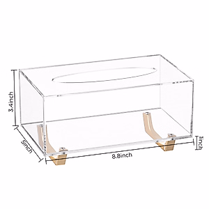 HBlife Clear Tissue Box Cover Rectangle Acrylic Tissue Box Holder with Gold Plated Legs Napkin Dispenser Dryer Sheet Container for Bathroom
