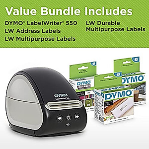 DYMO LabelWriter 550 Label Printer Bundle, Label Maker with Direct Thermal Printing, Automatic Label Recognition, Includes 1 Roll Each: Address Labels, Multipurpose Labels, Durable Multipurpose Labels