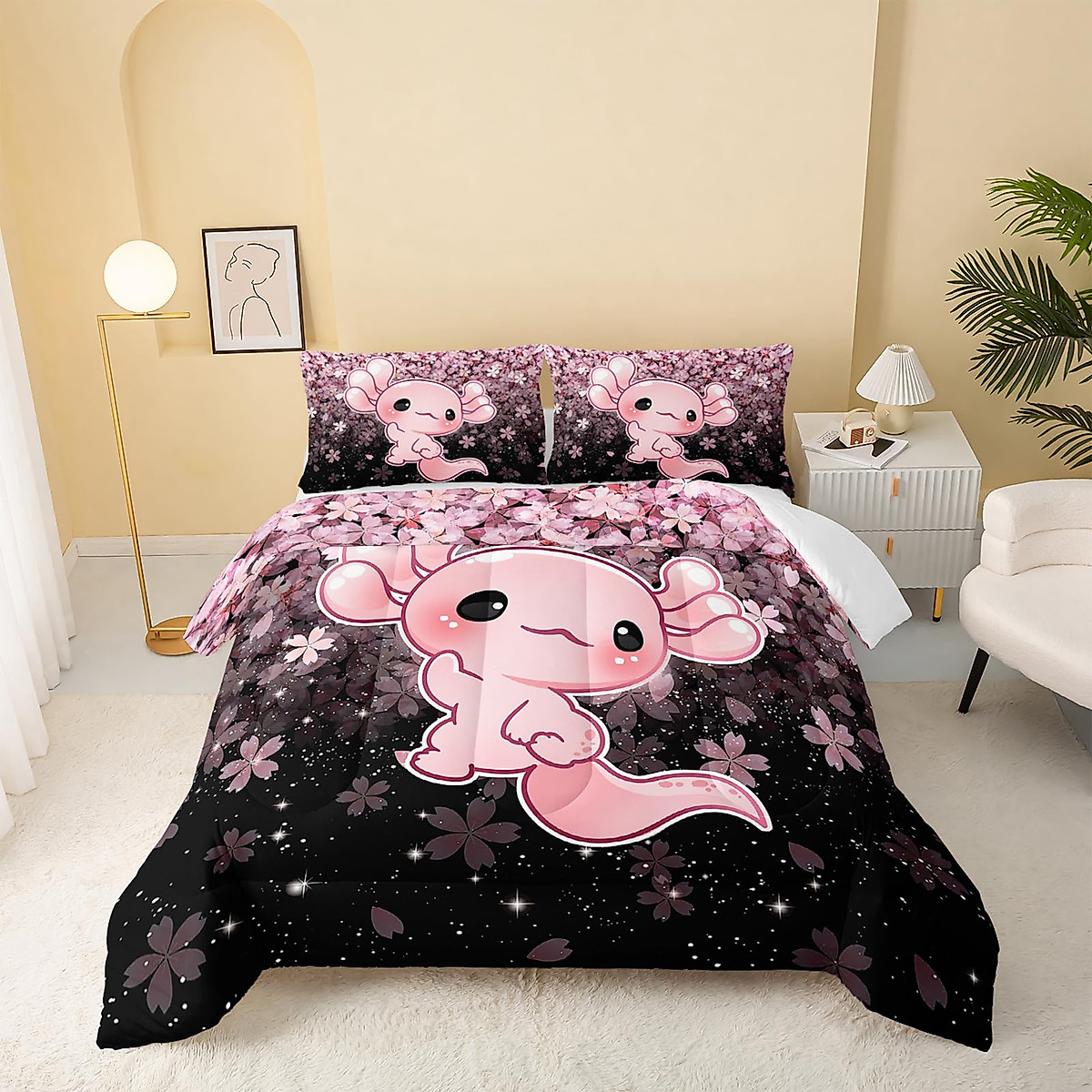 QOOMO Kawaii Axolotl Bedding Set Pink Cherry Blossom for Boys Girls Teen Room Decoration Sparkling Stars 3D Quilt Set Bedroom Decoration Twin Size 1 Comforter Set 2 Pillowcases