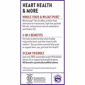 New Chapter Wholemega Fish Oil Supplement - Wild Alaskan Salmon Oil with Omega-3 + Vitamin D3 + Astaxanthin + Sustainably Caught - 180 ct, 1000mg Softgels