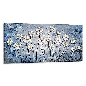 YHSKY ARTS Floral Canvas Wall Art Hand Painted Blue and White Heavy Textured Painting Modern Abstract Flower Pictures Contemporary Artwork for Living Room Bedroom Office Decoration