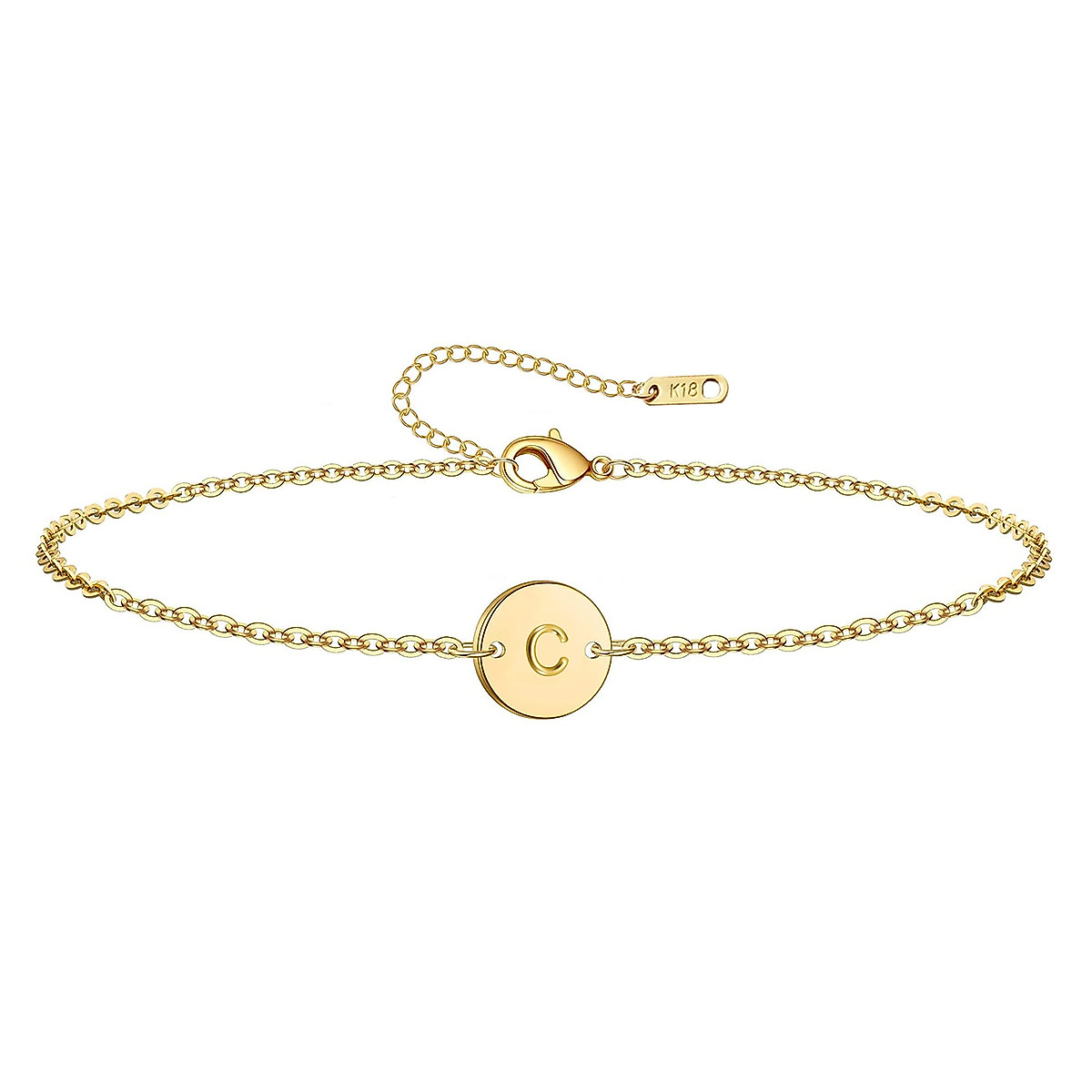 Ovian Initial Charm Bracelet for Women 18K Gold Plated stainless steel Coin Disc Engraved Letter C Bracelet Personalized Monogram Name Bracelet